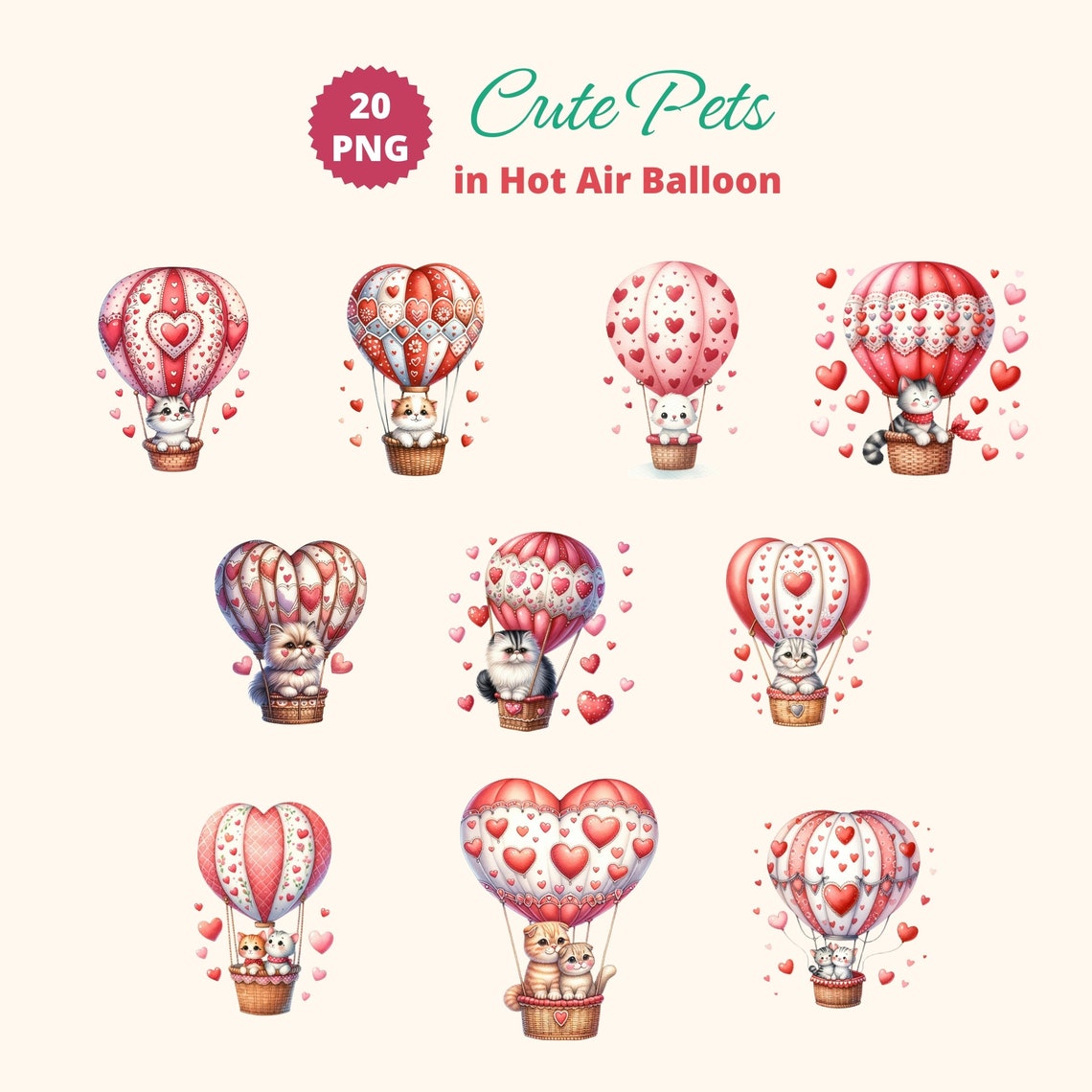 Cute Pets in Hot Air Balloon Clipart, Valentine's Day Clipart ...