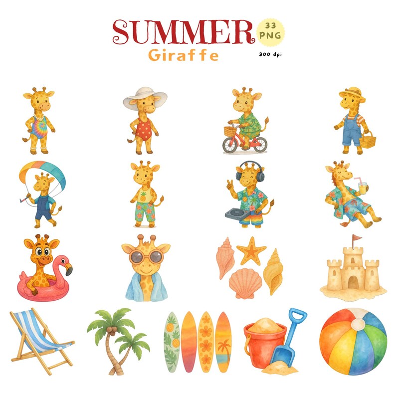 Summer Giraffe, Giraffe Clipart, Funny Giraffe Bundle, Watercolor ...