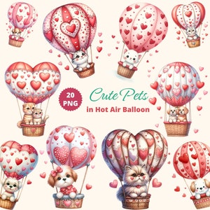 Cute Pets in Hot Air Balloon Clipart, Valentine's Day Clipart ...