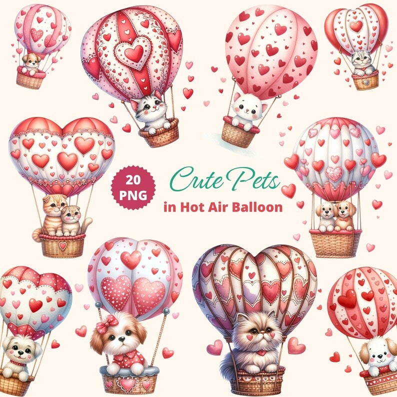 Cute Pets in Hot Air Balloon Clipart, Valentine's Day Clipart ...