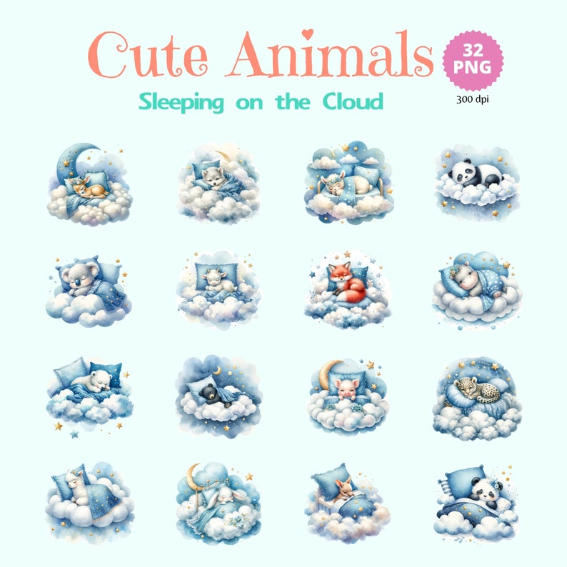 Cute Animal Sleeping on the Cloud, Sleeping Animal PNG, Watercolor ...