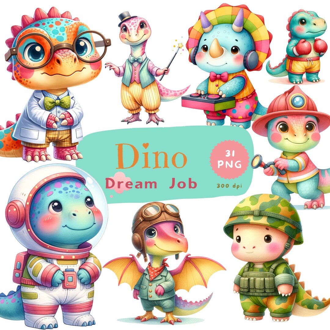 Dino Dream Job, Career Dino Watercolor Clipart, Dinosaur Clipart, Baby ...