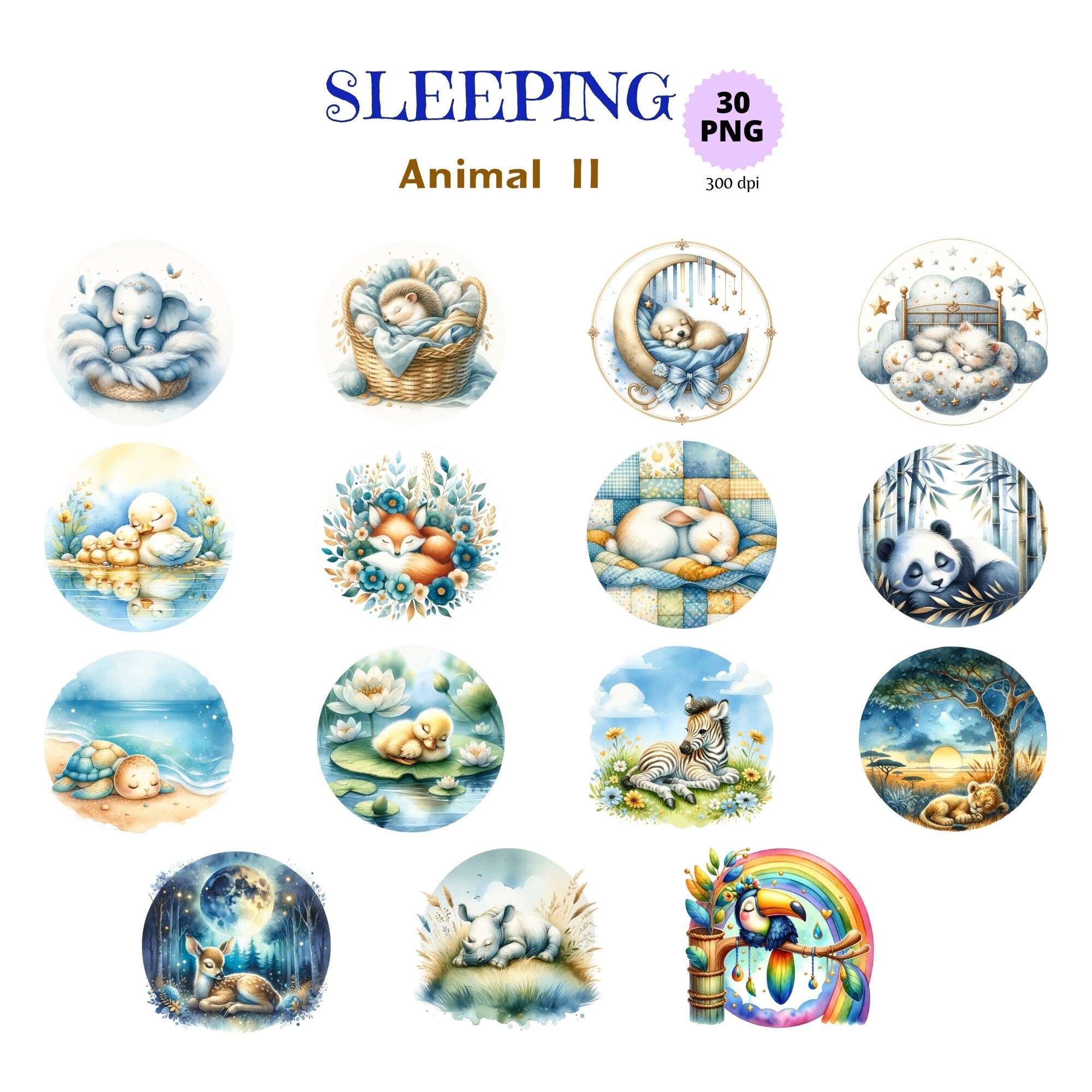 Sleeping Animal Clipart II, Watercolor Animals Png, Cute Animal, Jungle ...