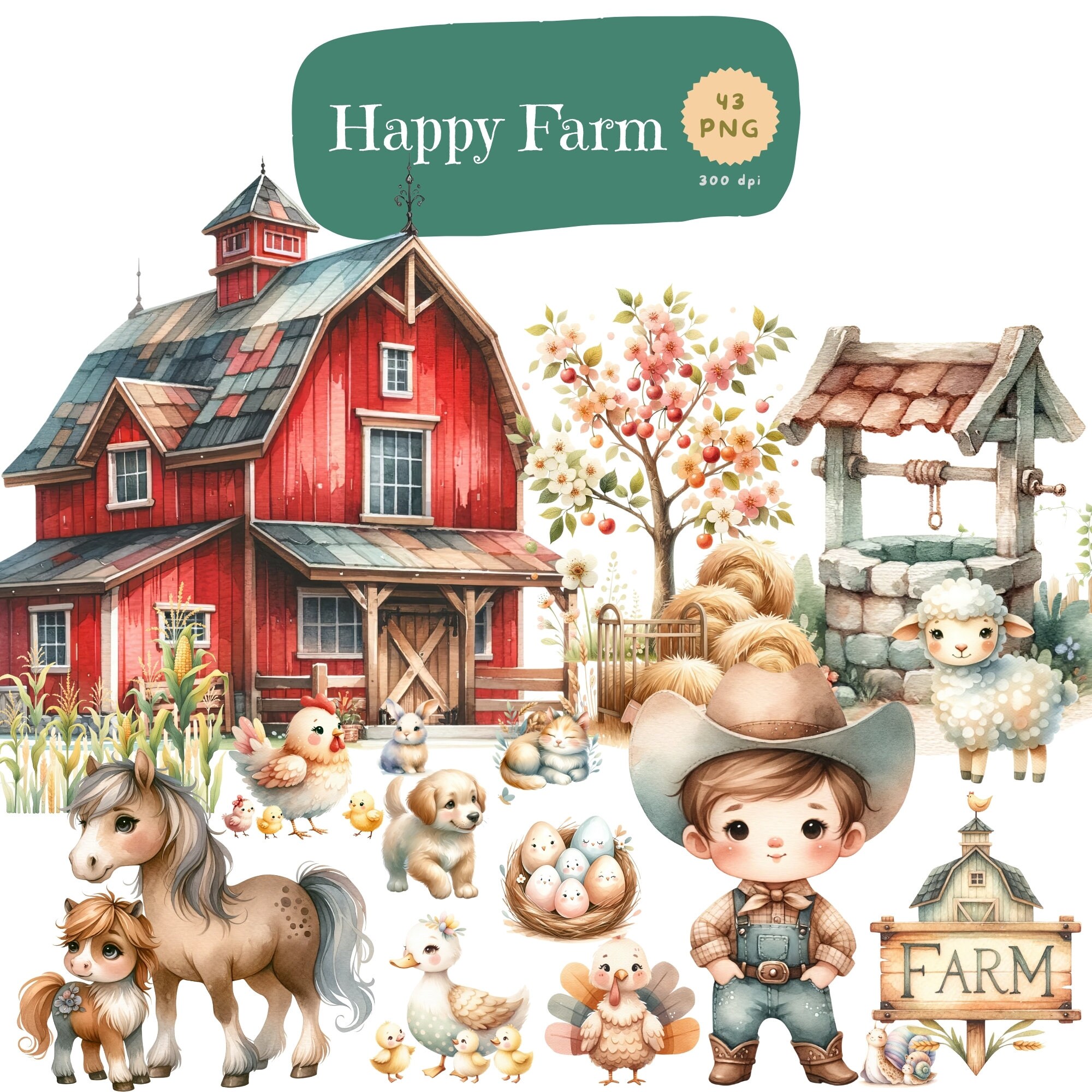 Happy Farm, Cute Farm Clipart, Farm Bundle, Farm Animals Watercolor ...