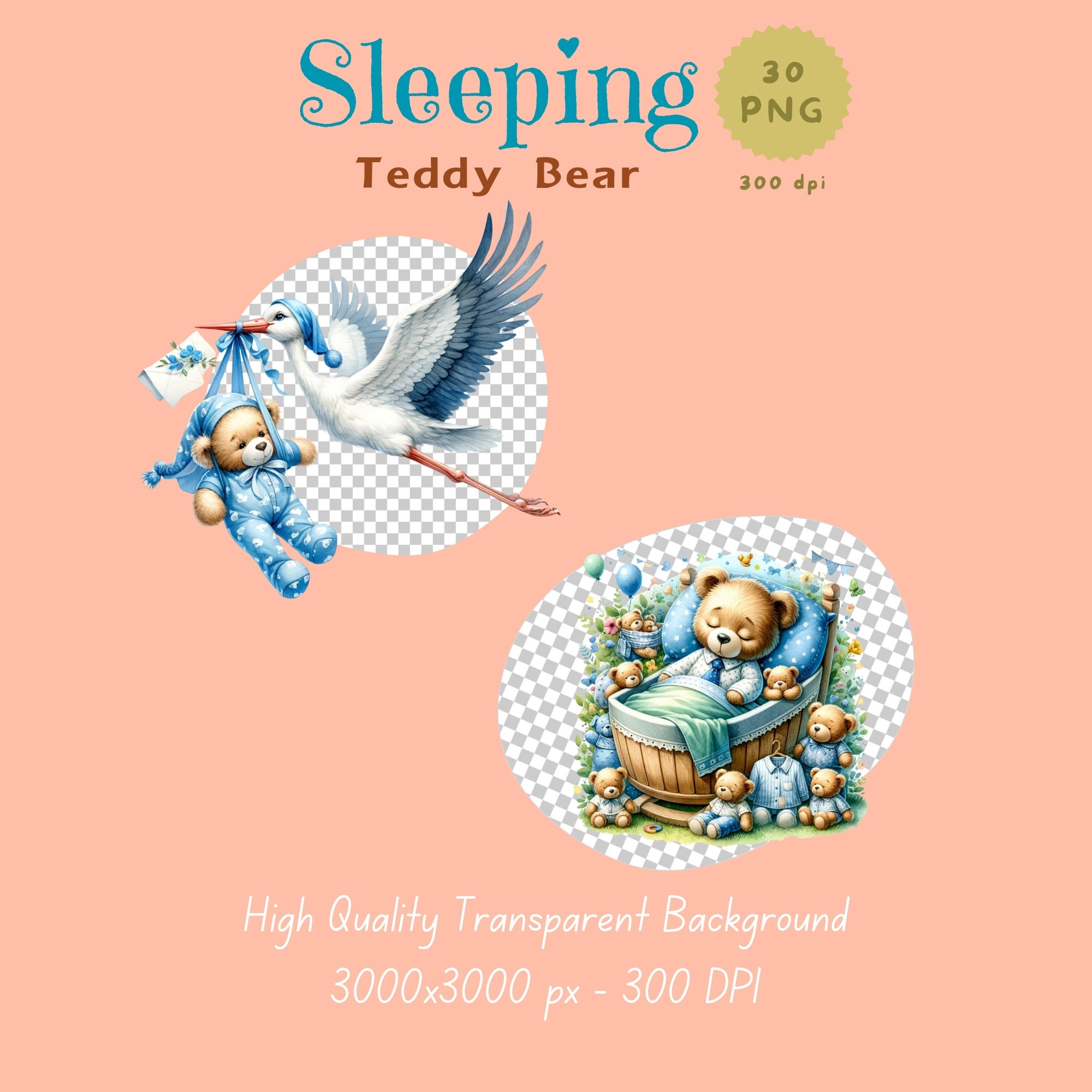 Sleeping Teddy Bear, Watercolor Teddy Bear Clipart Bundle, Blue Teddy ...