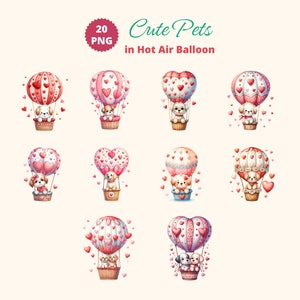 Cute Pets in Hot Air Balloon Clipart, Valentine's Day Clipart ...
