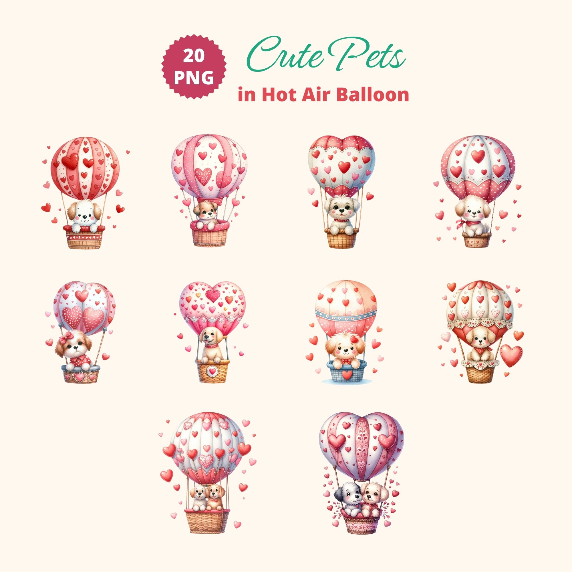 Cute Pets in Hot Air Balloon Clipart, Valentine's Day Clipart ...