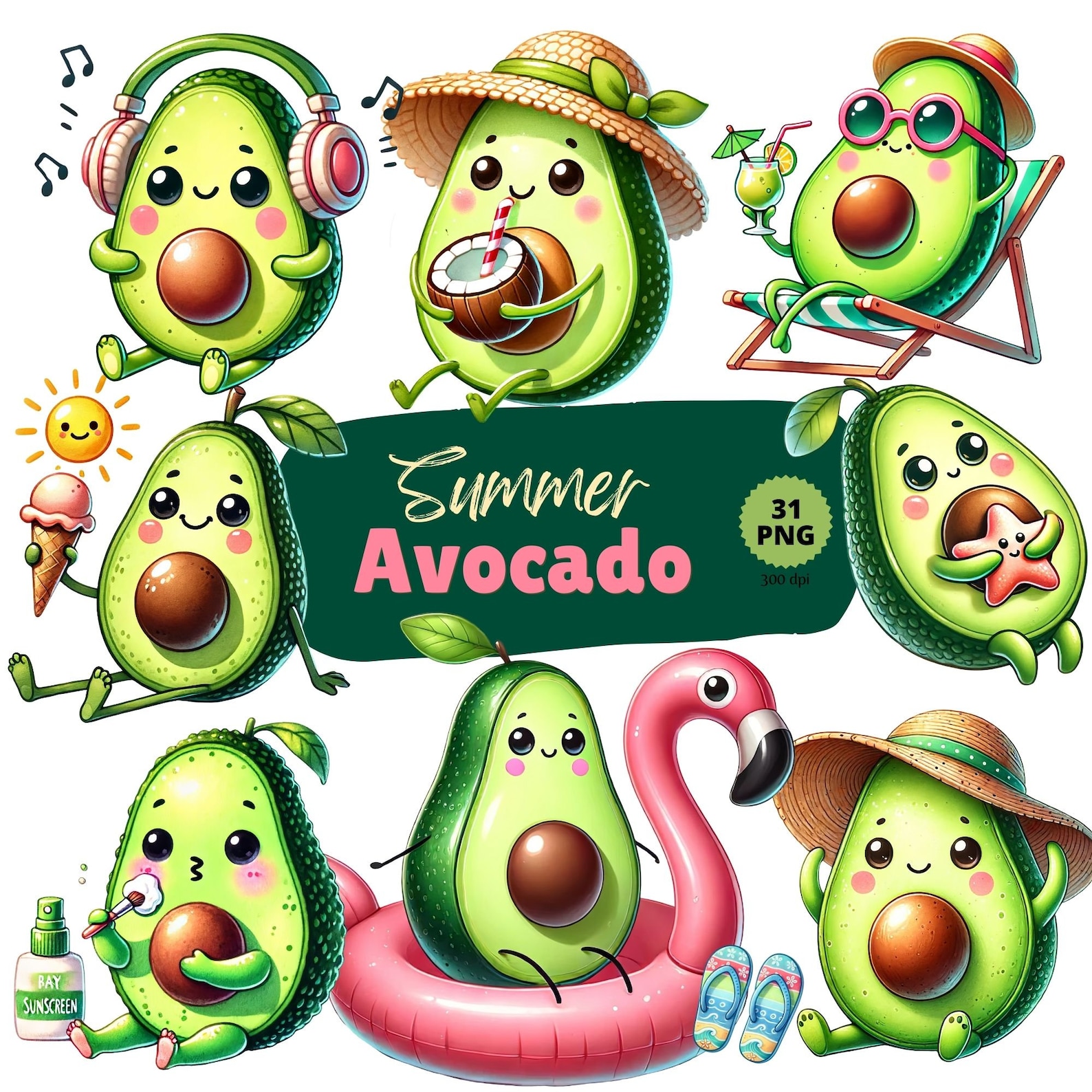 Summer Avocado Clipart, Cute Avocado Png, Watercolor Fruits Clipart ...