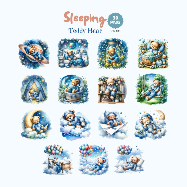 Sleeping Teddy Bear, Watercolor Teddy Bear Clipart Bundle, Blue Teddy ...