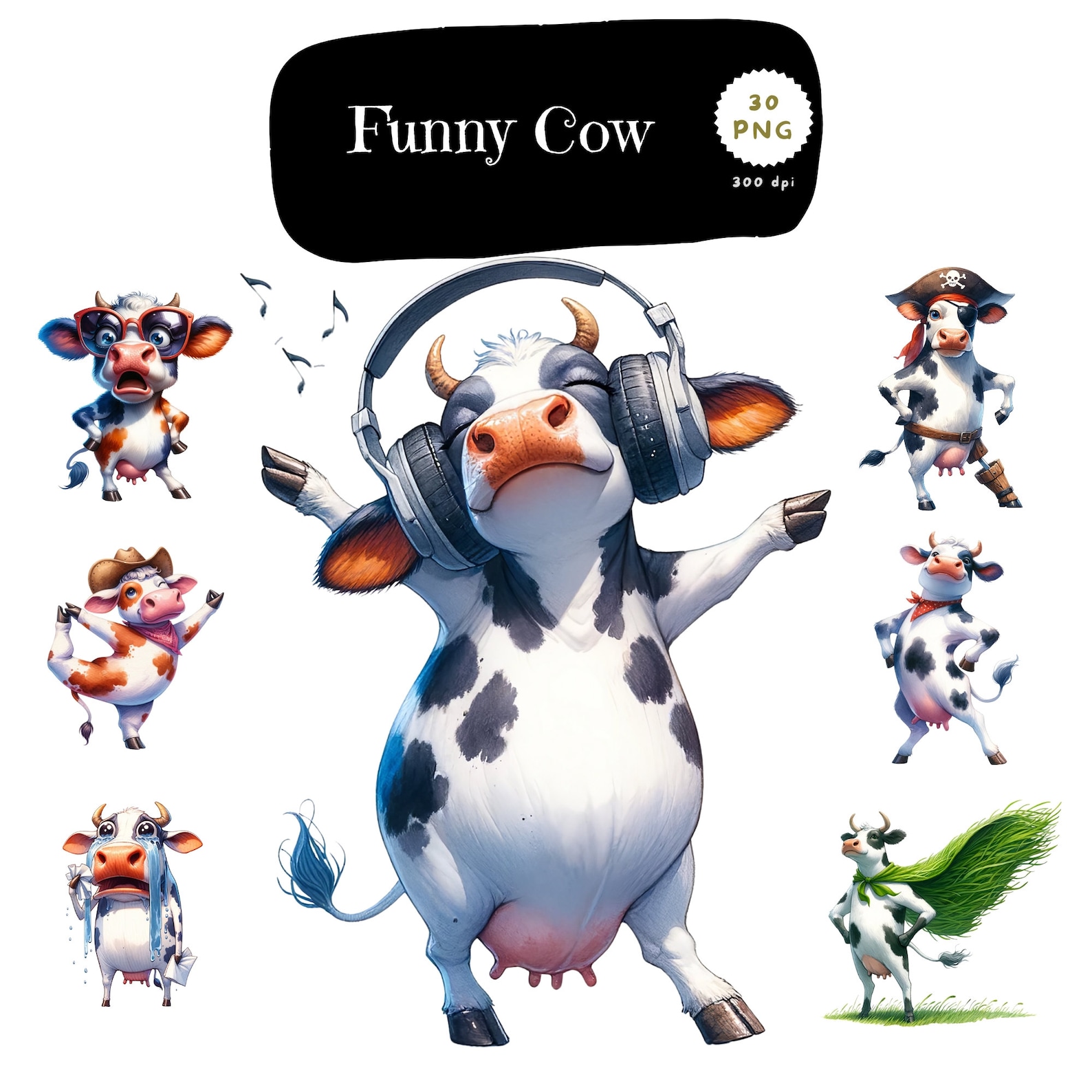 Funny Cow Png, Funny Cow Clip Art, Cool Cow Bundle, Emotional Cow ...