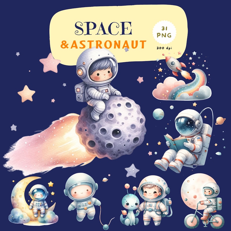 Cute Astronaut, Watercolor Astronaut Clipart, Astronaut Clipart Bundle ...