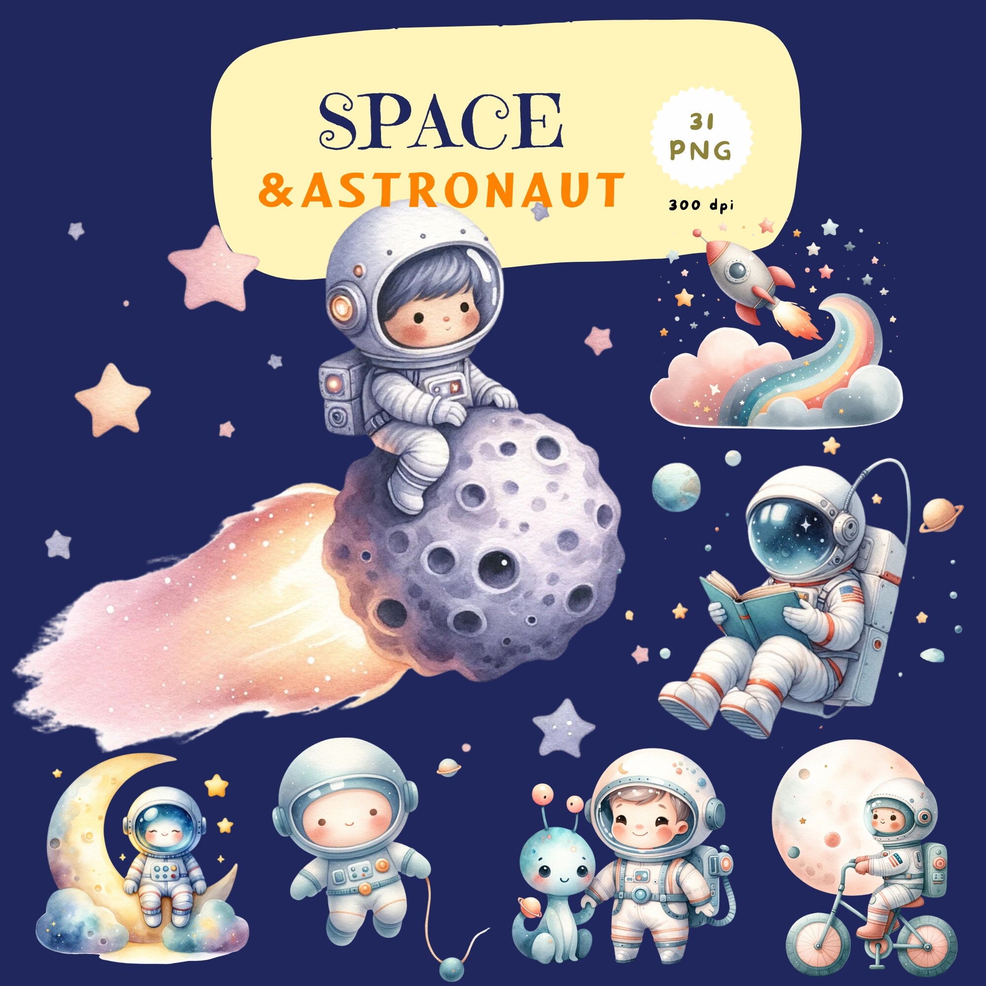 Cute Astronaut, Watercolor Astronaut Clipart, Astronaut Clipart Bundle ...