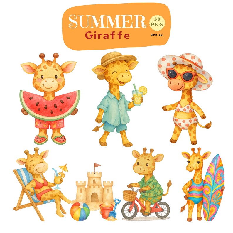 Summer Giraffe, Giraffe Clipart, Funny Giraffe Bundle, Watercolor ...