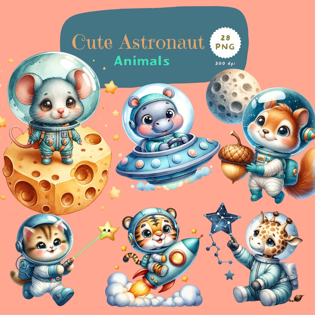 Cute Astronaut Animals, Watercolor Cute Animal Clipart, Astronaut ...