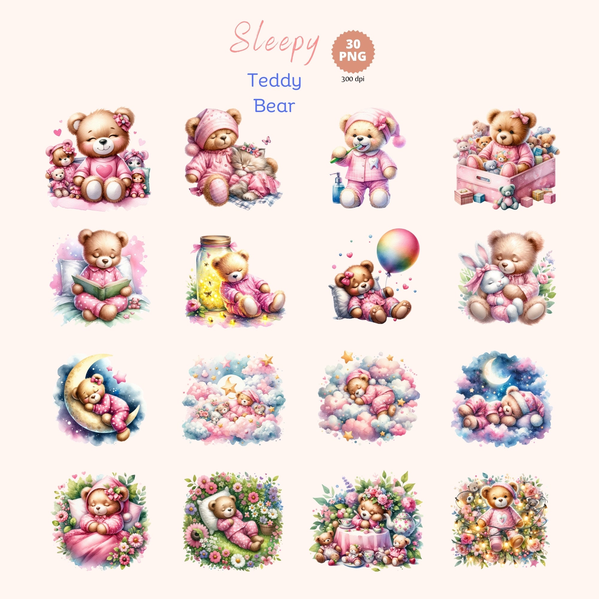 Sleepy Teddy Bear, Watercolor Teddy Bear Clipart Bundle, Pink Teddy ...