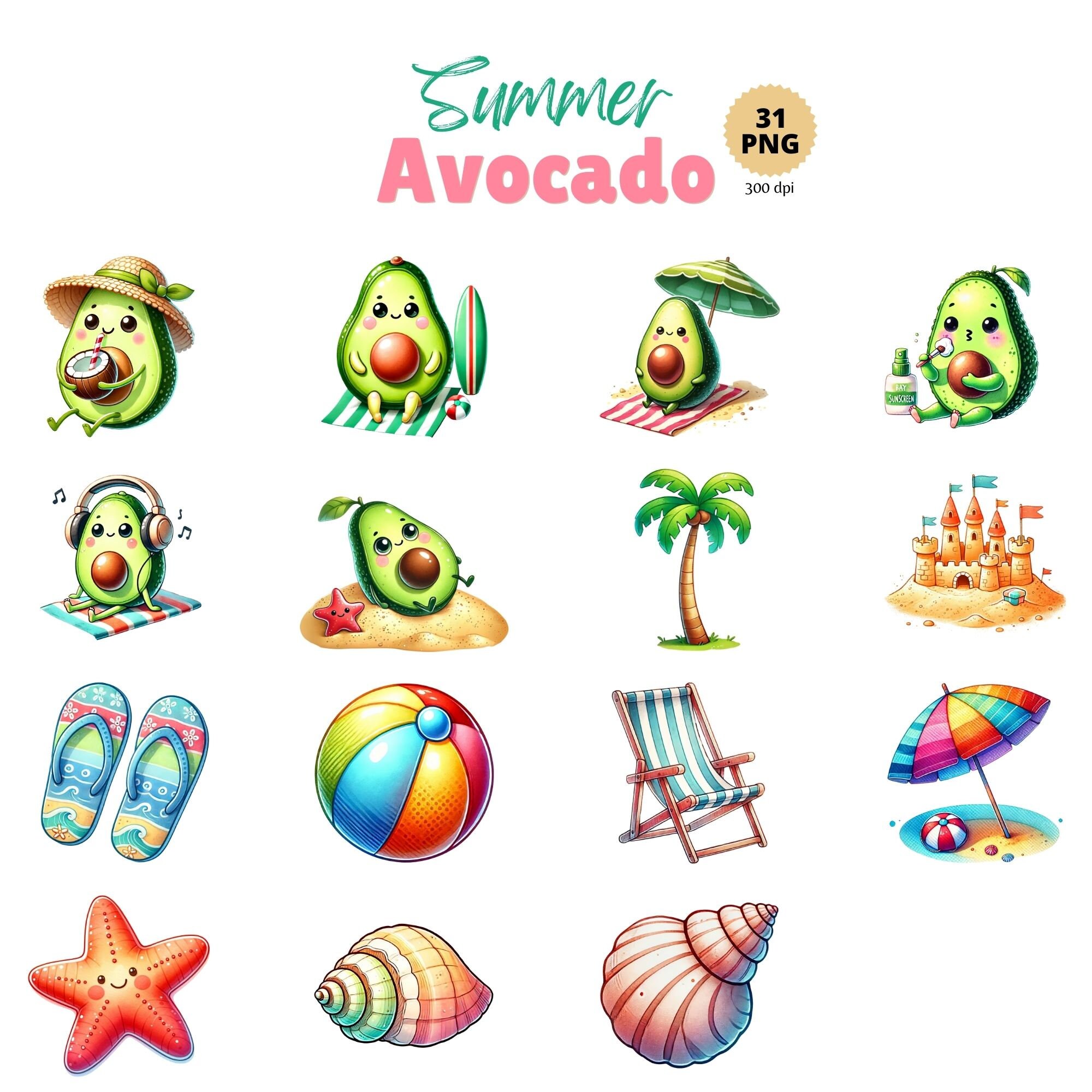 Summer Avocado Clipart, Cute Avocado Png, Watercolor Fruits Clipart ...