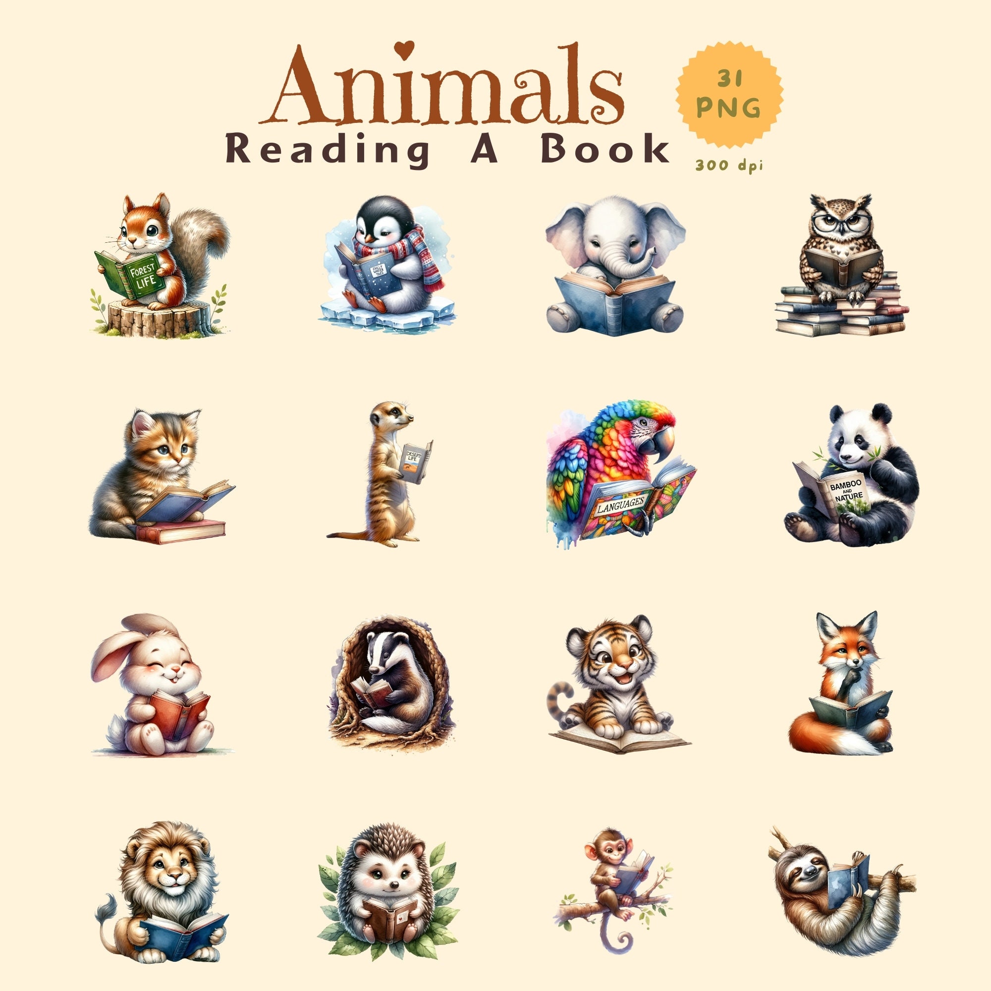 Watercolor Animal Reading A Book, Cute Animal Clipart, Bookworm Animals ...