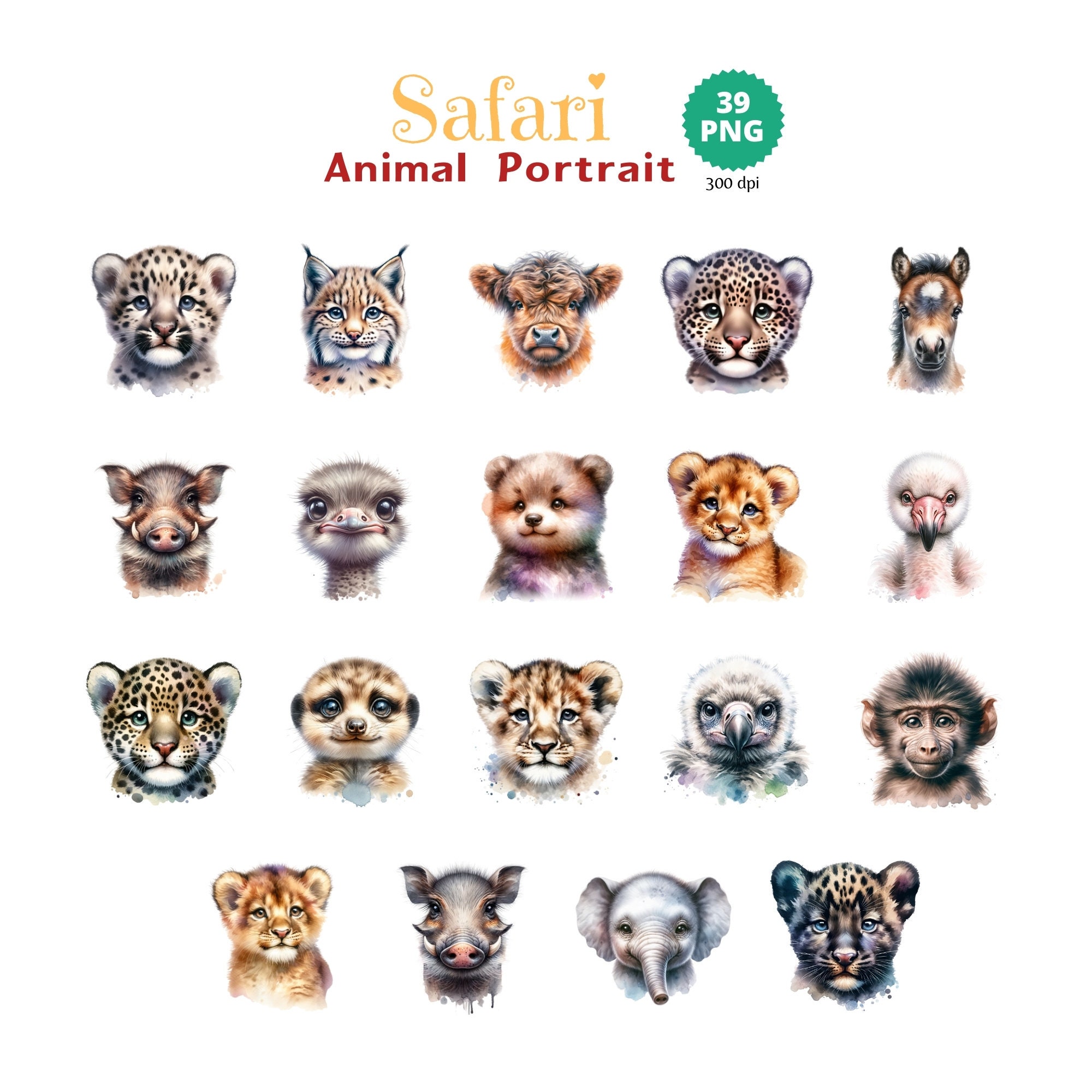Safari Animals Portrait, Animals Portrait PNG, Watercolor Safari ...