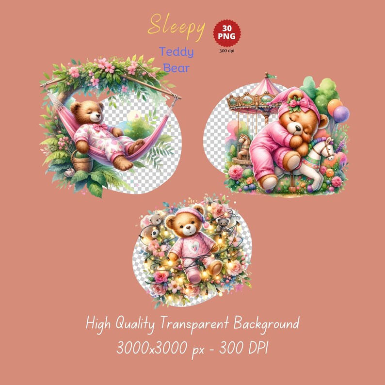 Sleepy Teddy Bear, Watercolor Teddy Bear Clipart Bundle, Pink Teddy ...