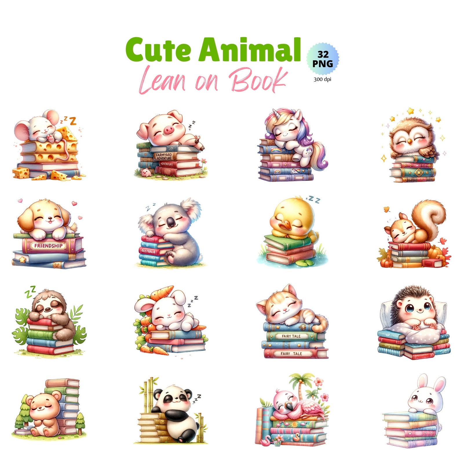 Watercolor Cute Animal Lean on Books, Cute Animal Clipart, Animal ...