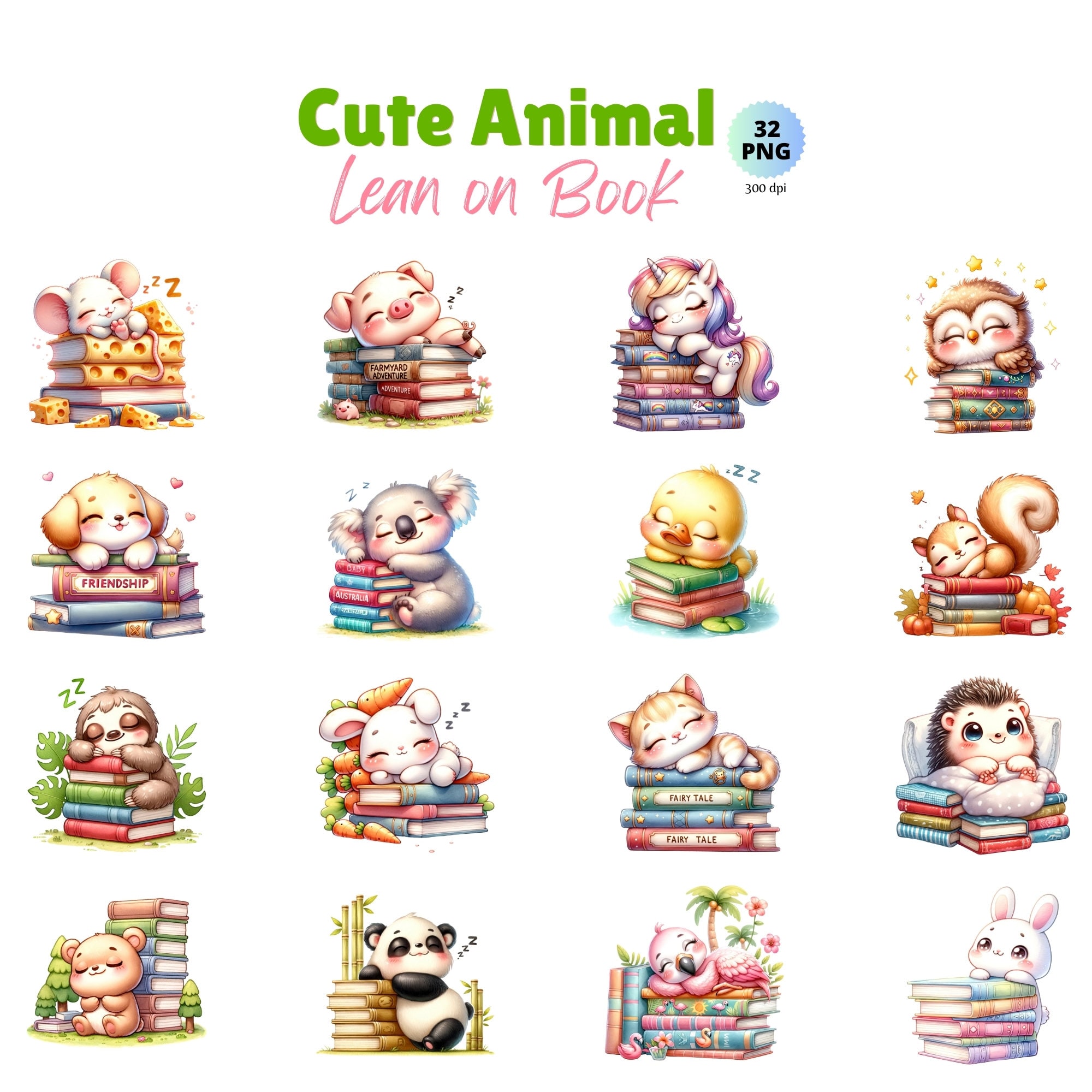 Watercolor Cute Animal Lean on Books, Cute Animal Clipart, Animal ...