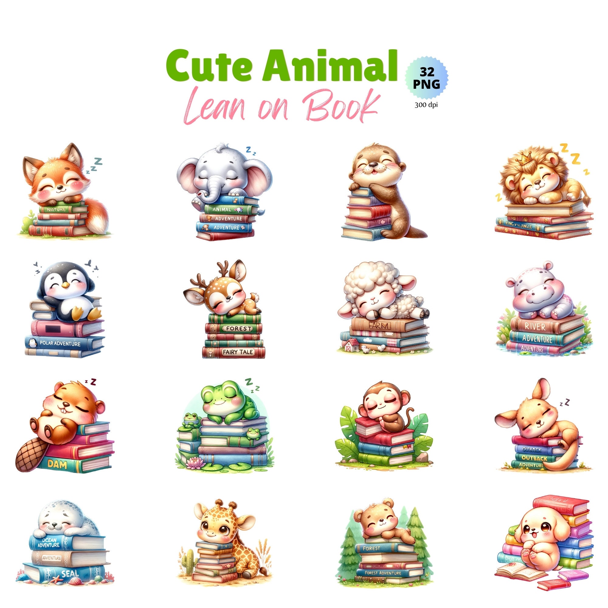 Watercolor Cute Animal Lean on Books, Cute Animal Clipart, Animal ...