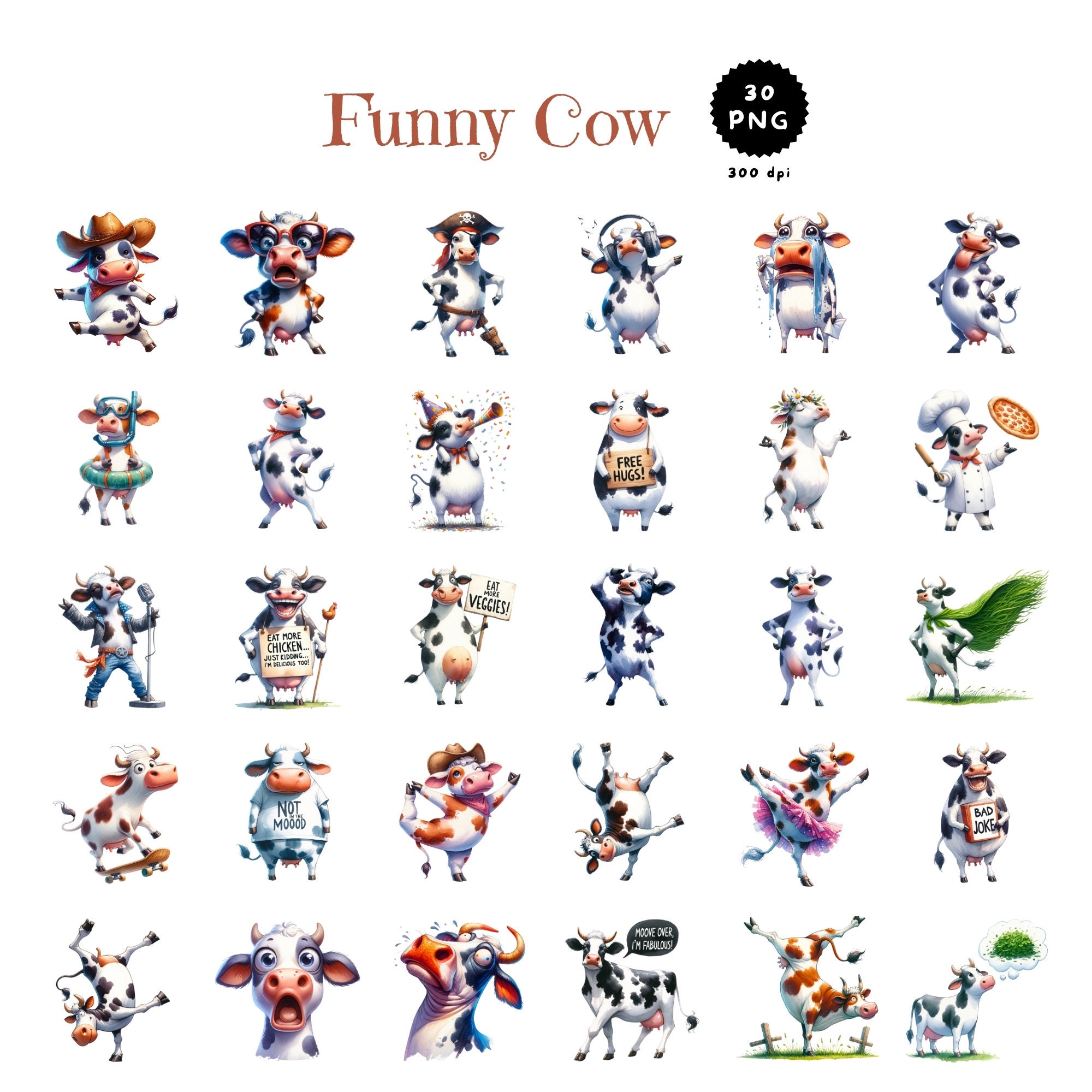 Funny Cow Png, Funny Cow Clip Art, Cool Cow Bundle, Emotional Cow ...