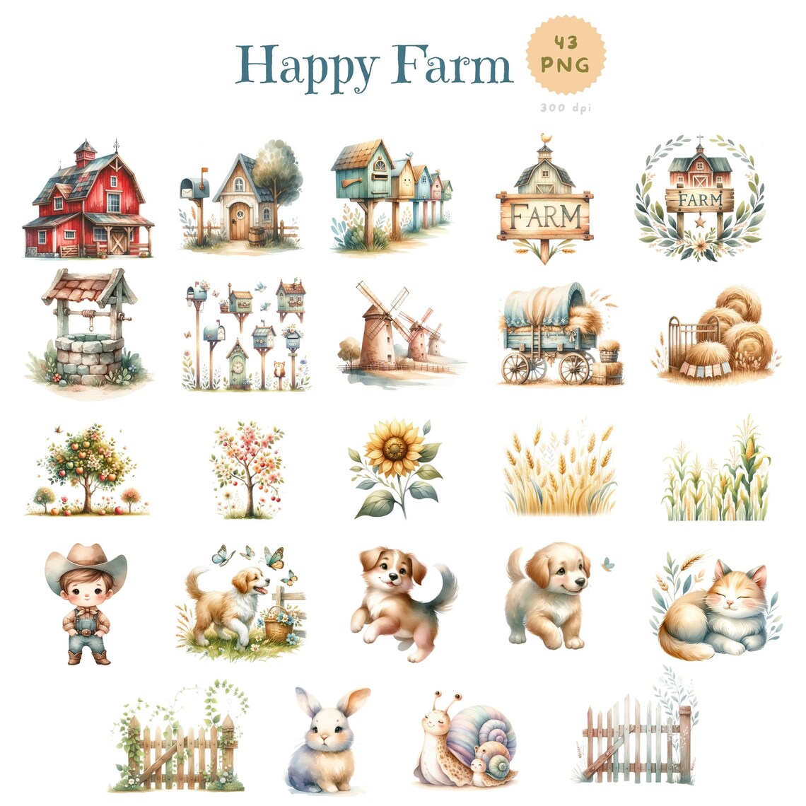 Happy Farm, Cute Farm Clipart, Farm Bundle, Farm Animals Watercolor ...