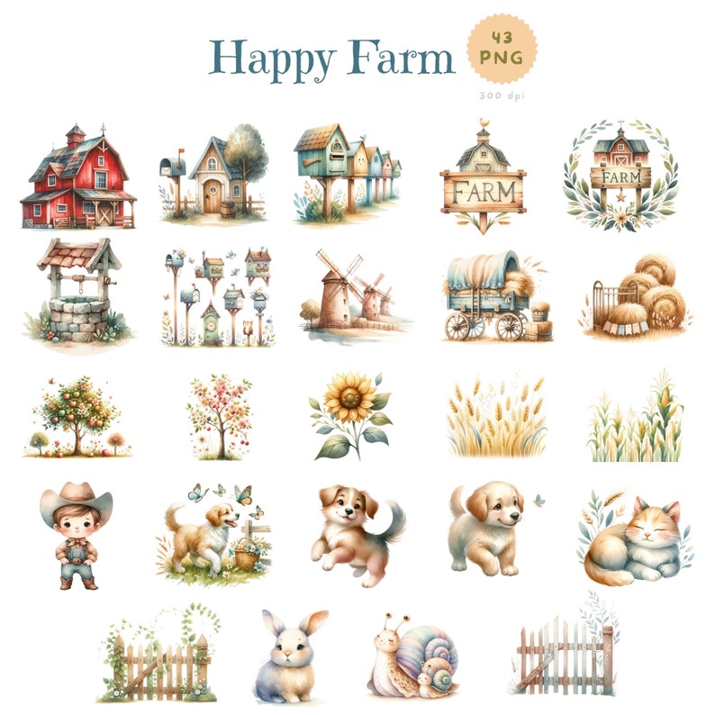 Happy Farm, Cute Farm Clipart, Farm Bundle, Farm Animals Watercolor ...