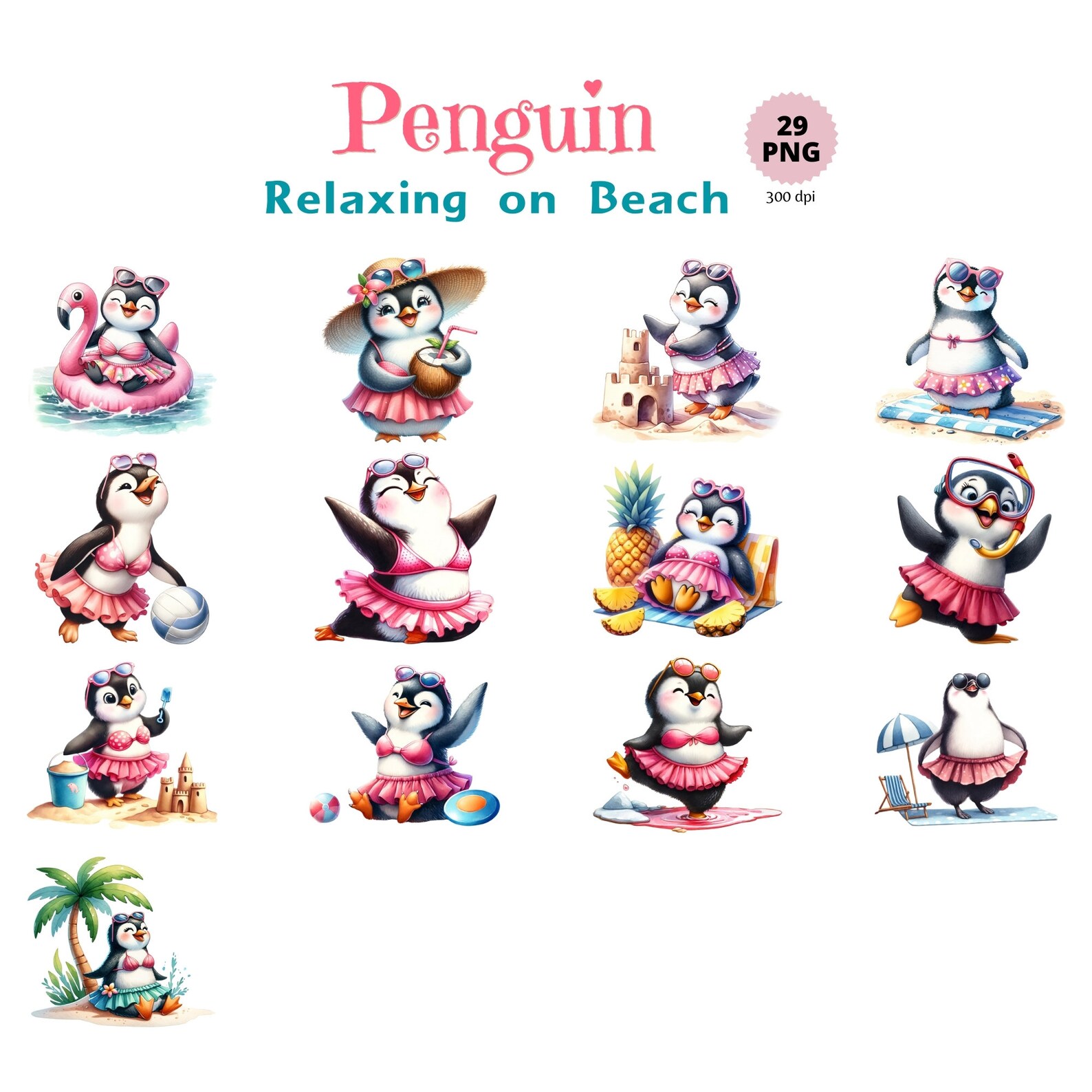 Penguin on Beach Clipart, Summer Png, Watercolor Summer, Summer Beach ...