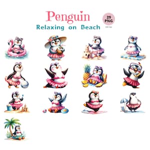 Penguin on Beach Clipart, Summer Png, Watercolor Summer, Summer Beach ...