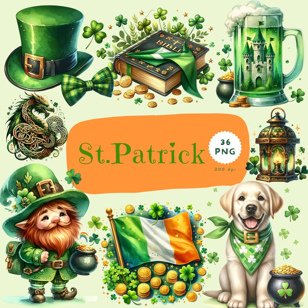 St. Patrick's Clipart, Shamrocks PNG, St. Patrick PNG, Watercolor St ...