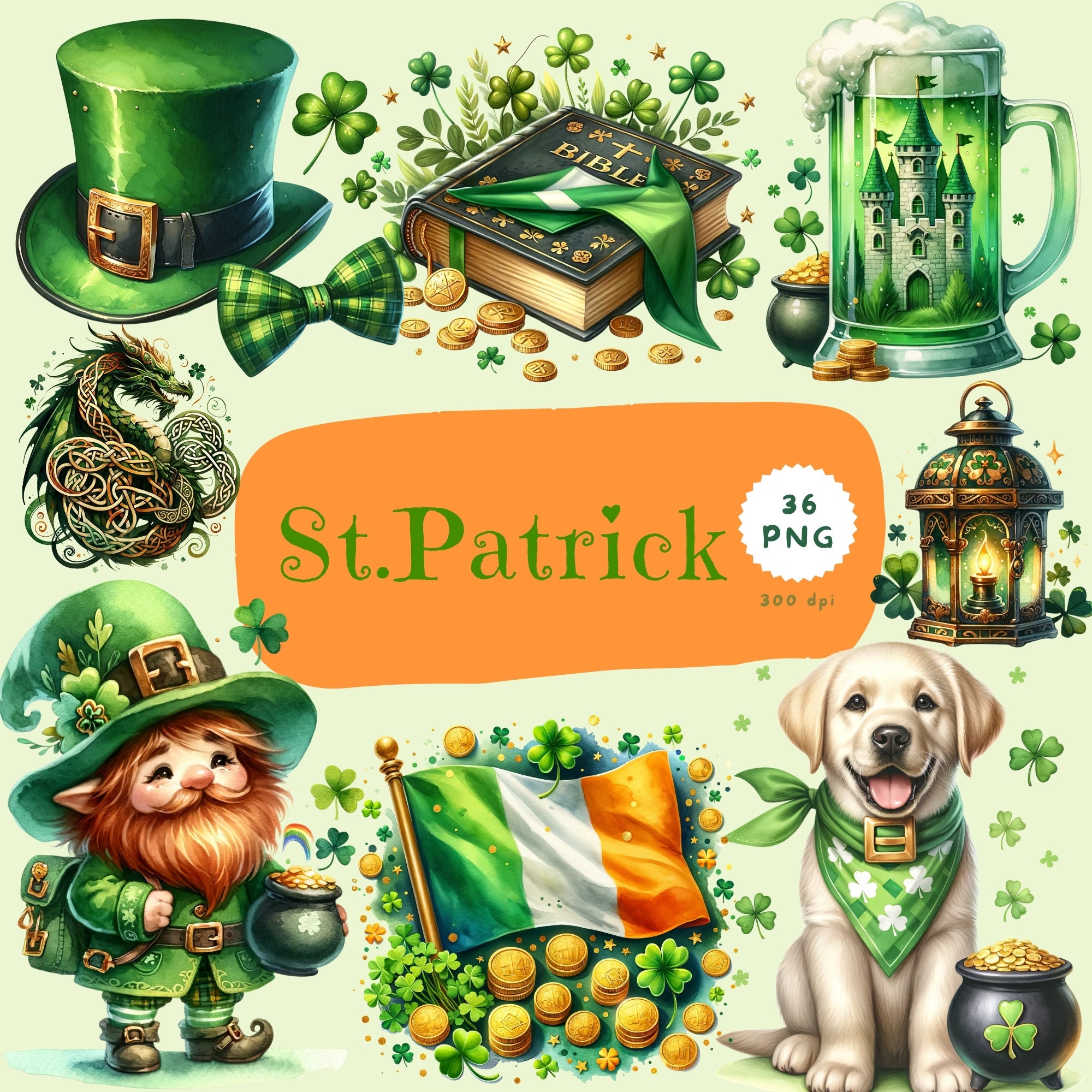 St. Patrick's Clipart, Shamrocks PNG, St. Patrick PNG, Watercolor St ...