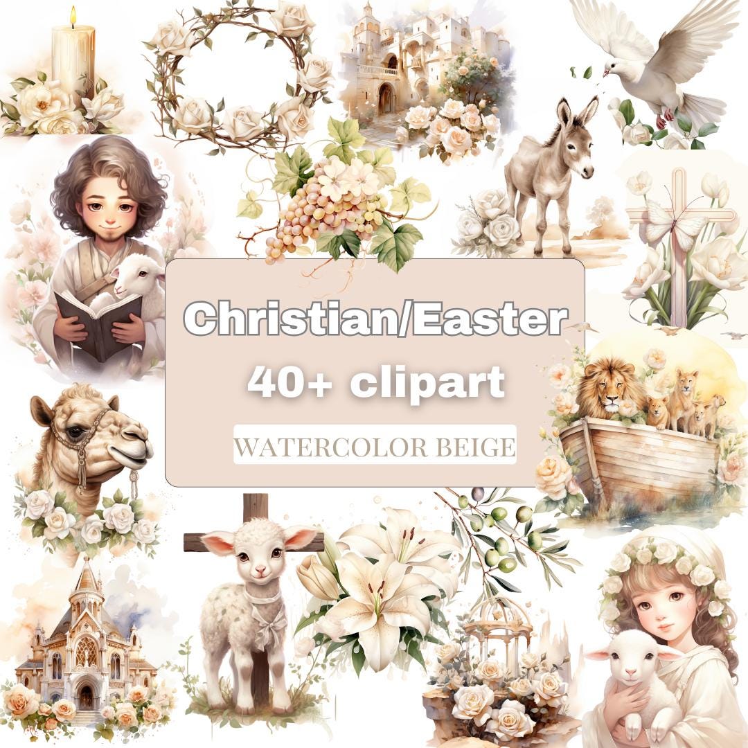 Watercolor Christian Easter Clipart: Beige Springtime Graphics (40+ PNG ...