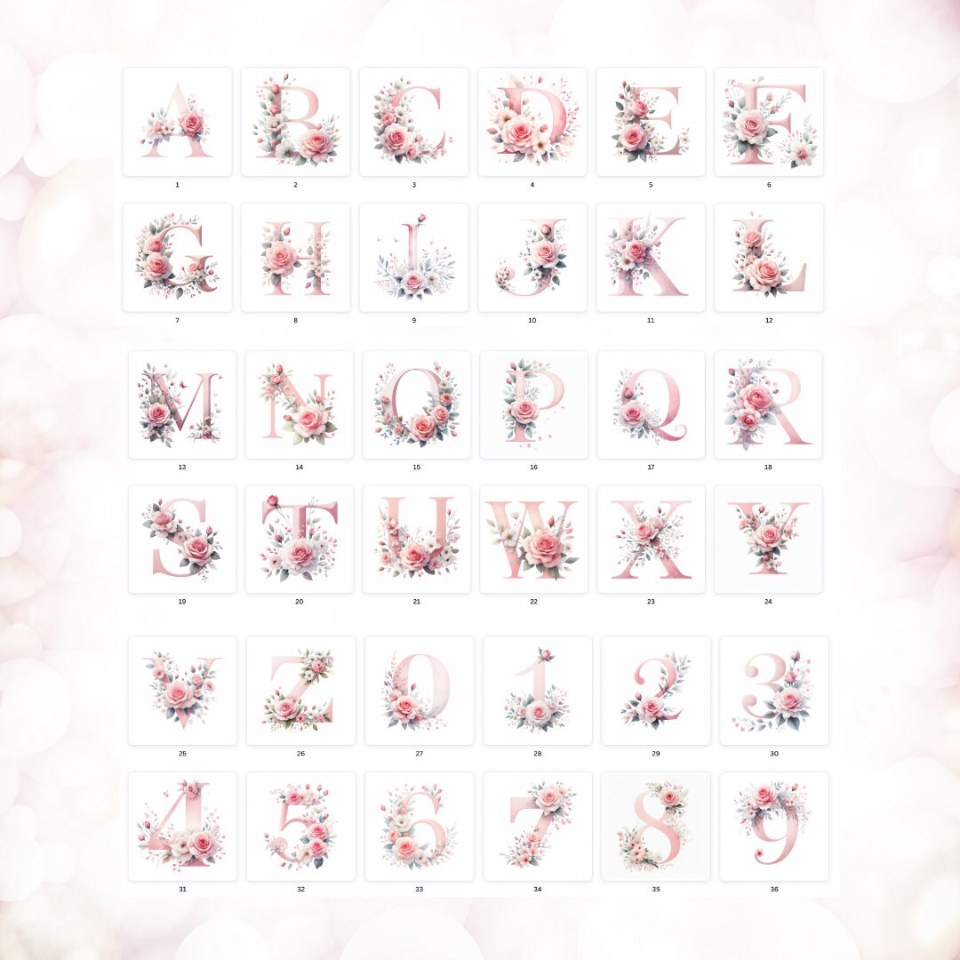 Watercolor Floral Number Alphabet Collection Clipart, 36 PNG Pink ...