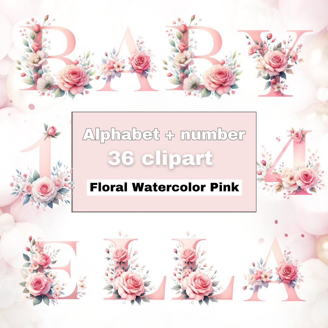 Watercolor Floral Number Alphabet Collection Clipart, 36 PNG Pink ...