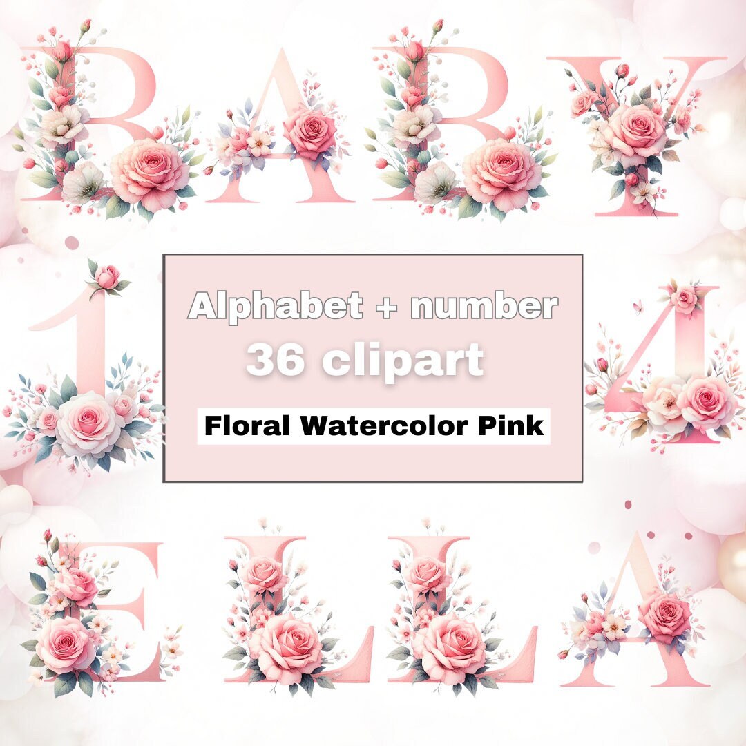 Watercolor Floral Number Alphabet Collection Clipart, 36 PNG Pink ...