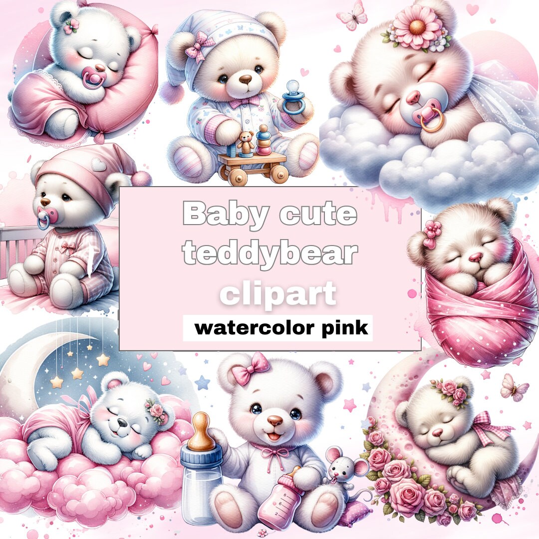 Watercolor Pink Sleepy Teddy Bear Clipart, Cute Baby Bear Clipart, Pink ...