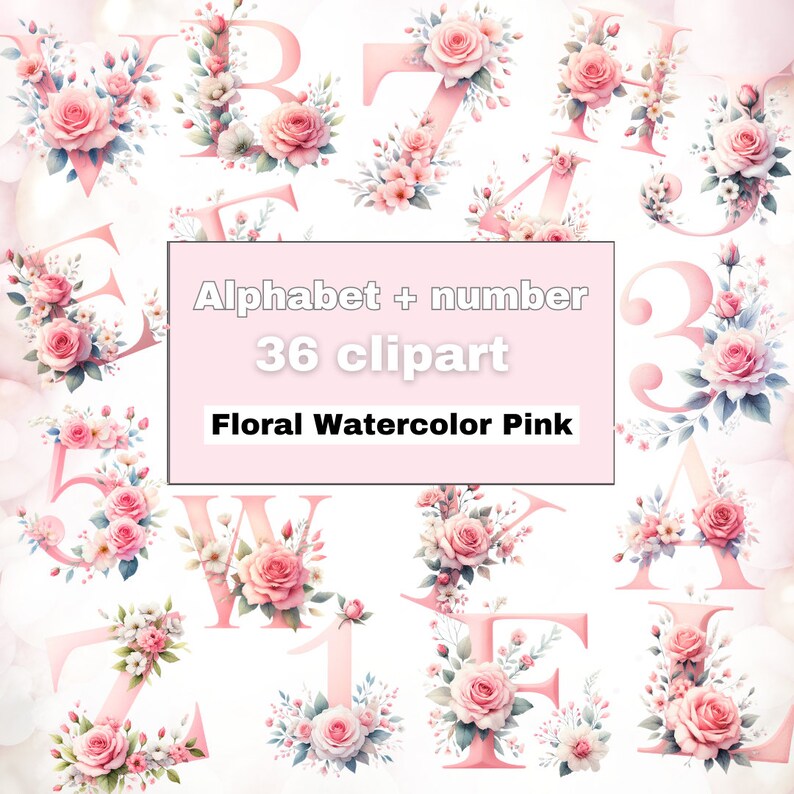 Watercolor Floral Number Alphabet Collection Clipart, 36 PNG Pink ...