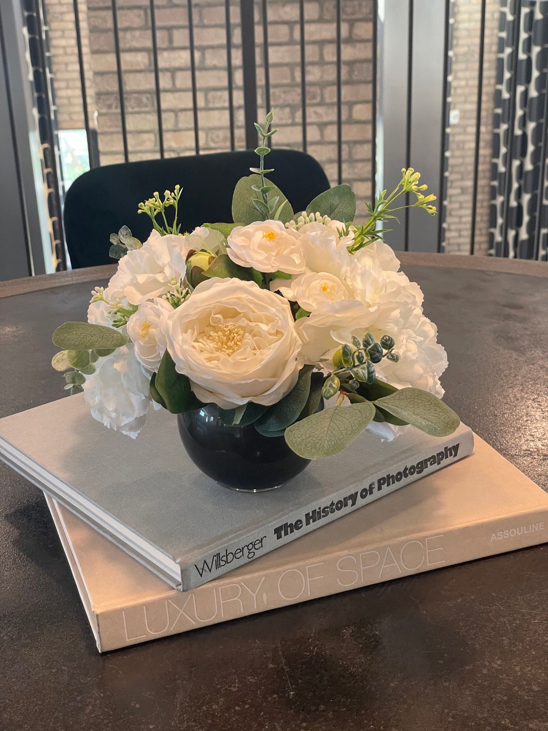 Rose, Ranunculus, Hydrangea and Eucalyptus Flower Arrangement in a ...