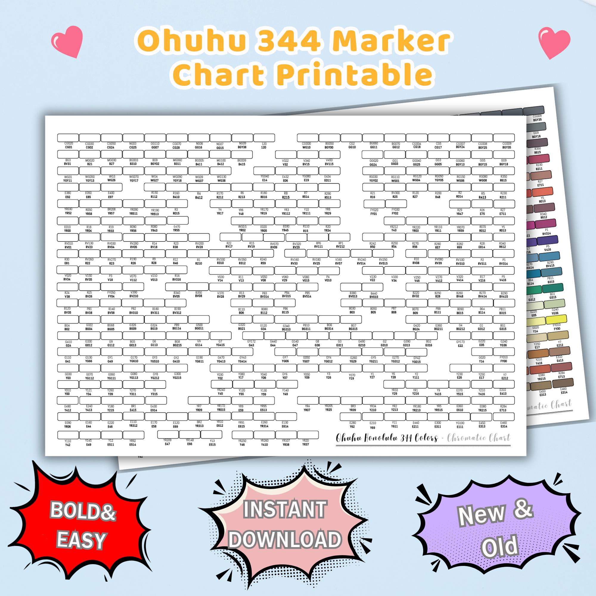 Ohuhu 344 Marker Swatch Chart Printable, Filled-in Color Reference ...
