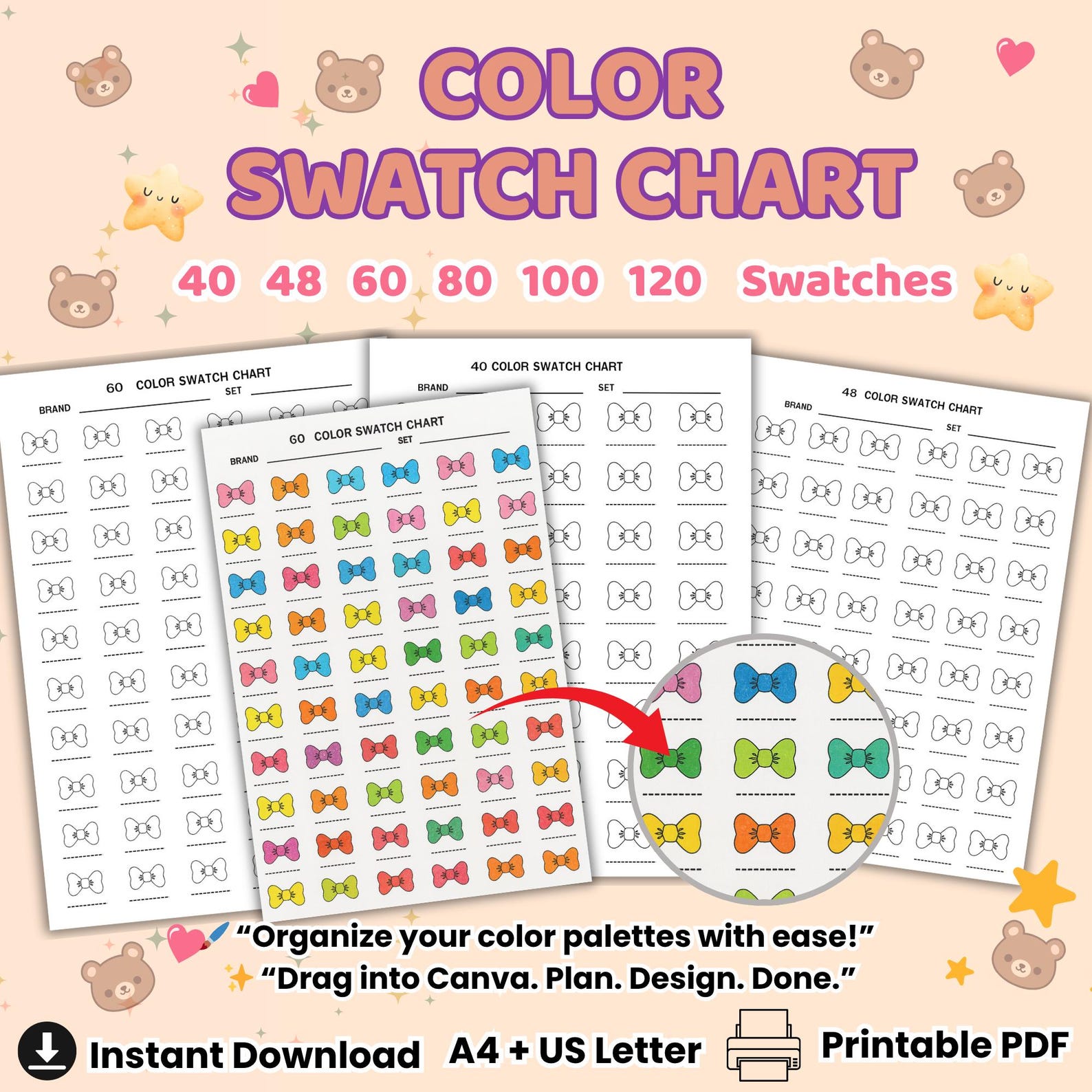 Printable Bow Tie Swatch Chart – 40 to 120 Ribbon-style Color Templates ...