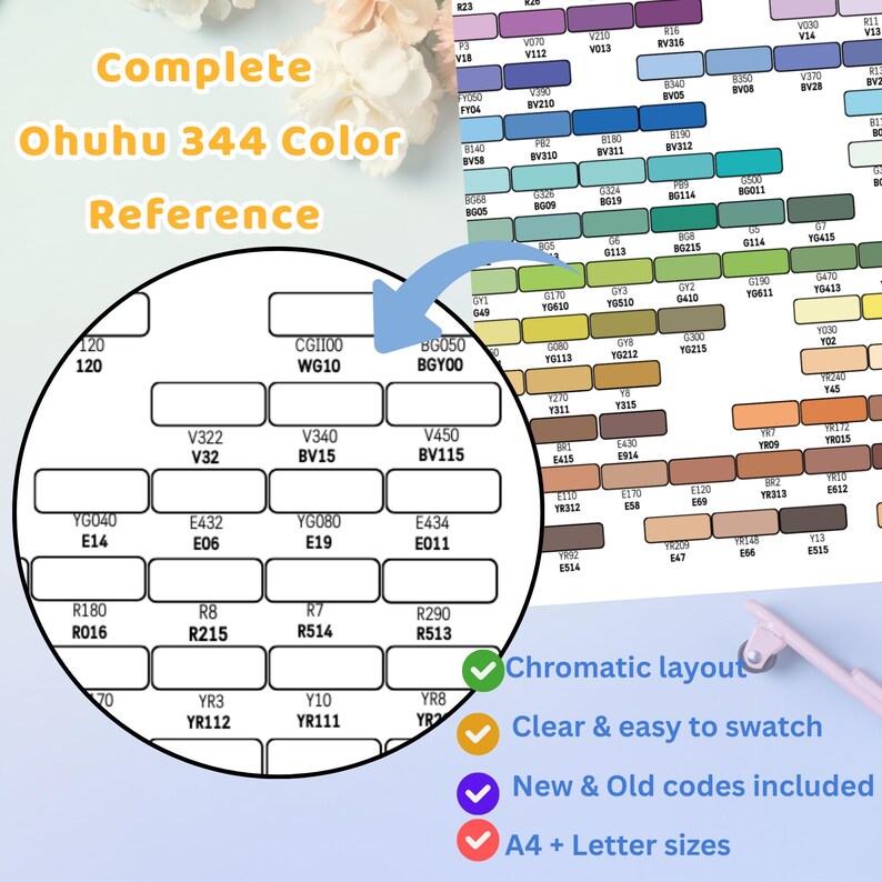 Ohuhu 344 Marker Swatch Chart Printable, Filled-in Color Reference ...