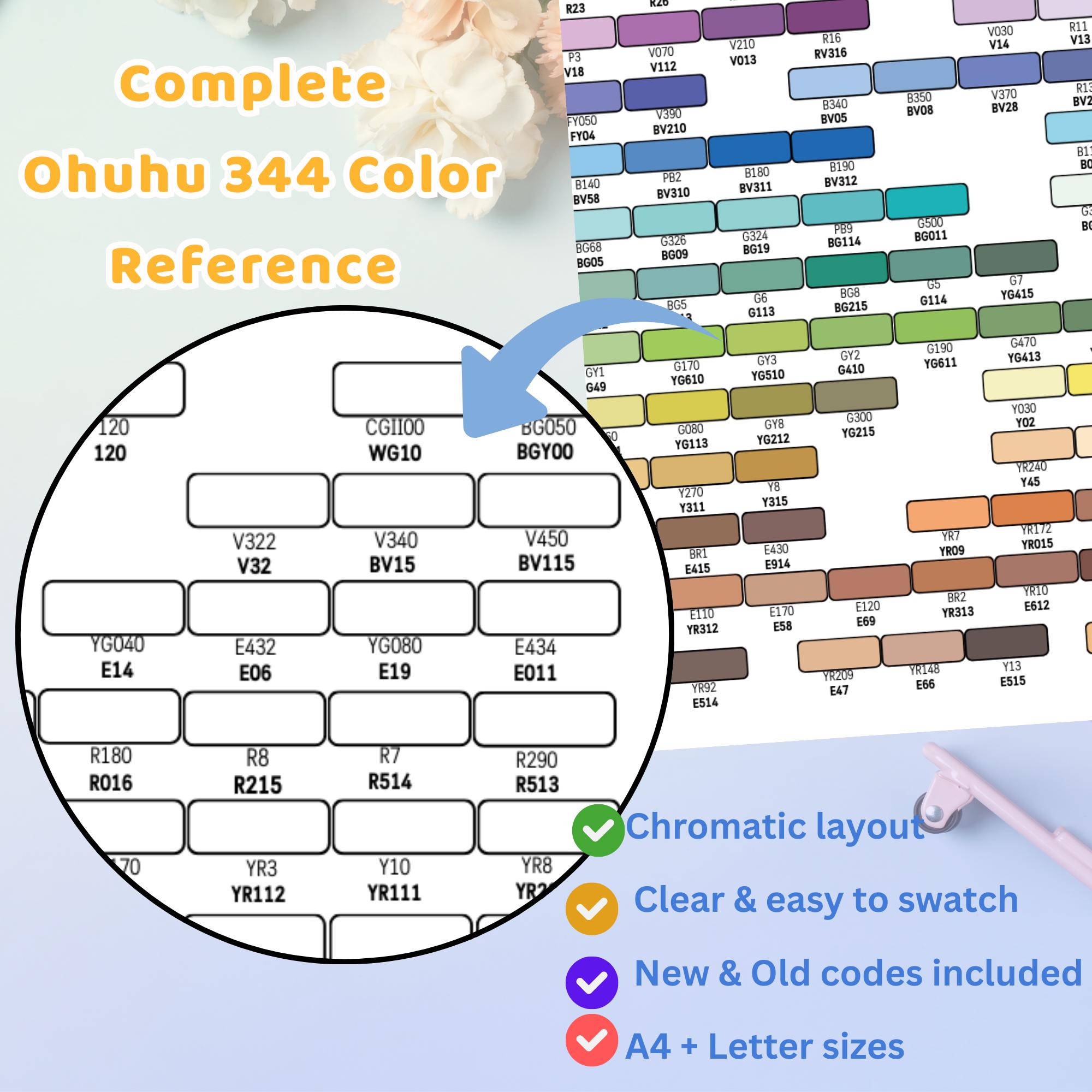 Ohuhu 344 Marker Swatch Chart Printable, Filled-in Color Reference ...
