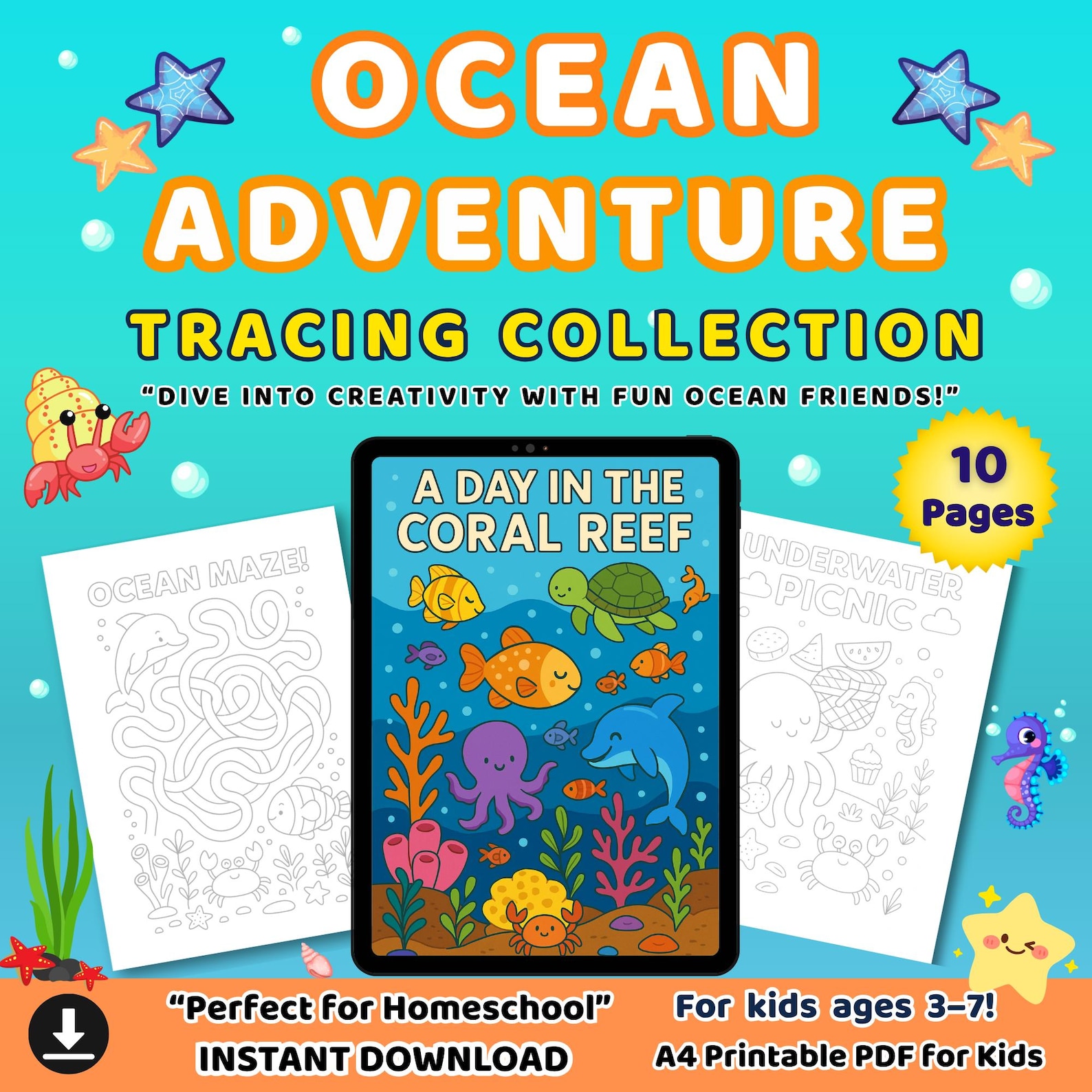 Ocean Adventure Coloring Pages for Kids 10 Fun Tracing Worksheets Sea ...