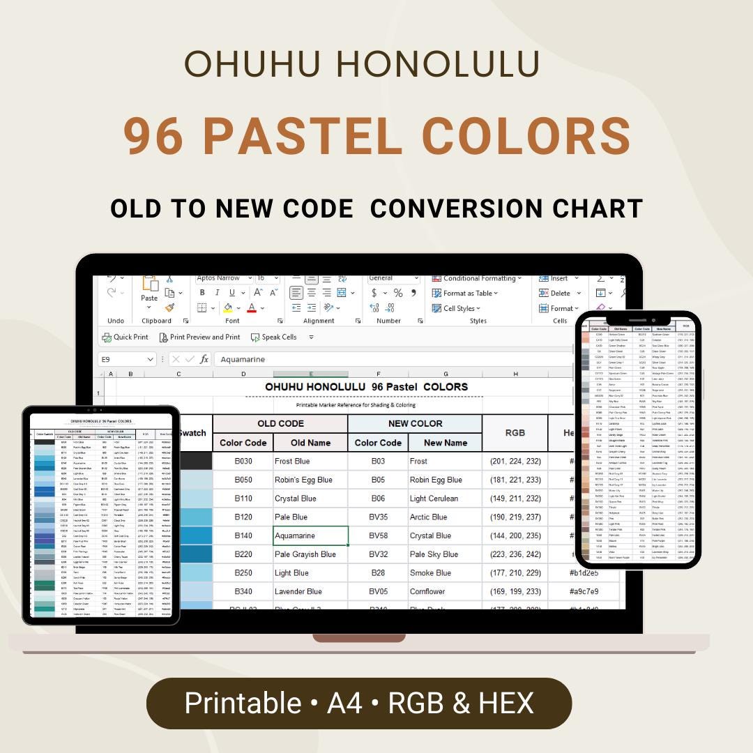 Ohuhu Honolulu 96 Pastel Colors Conversion Chart | Old to New Code ...