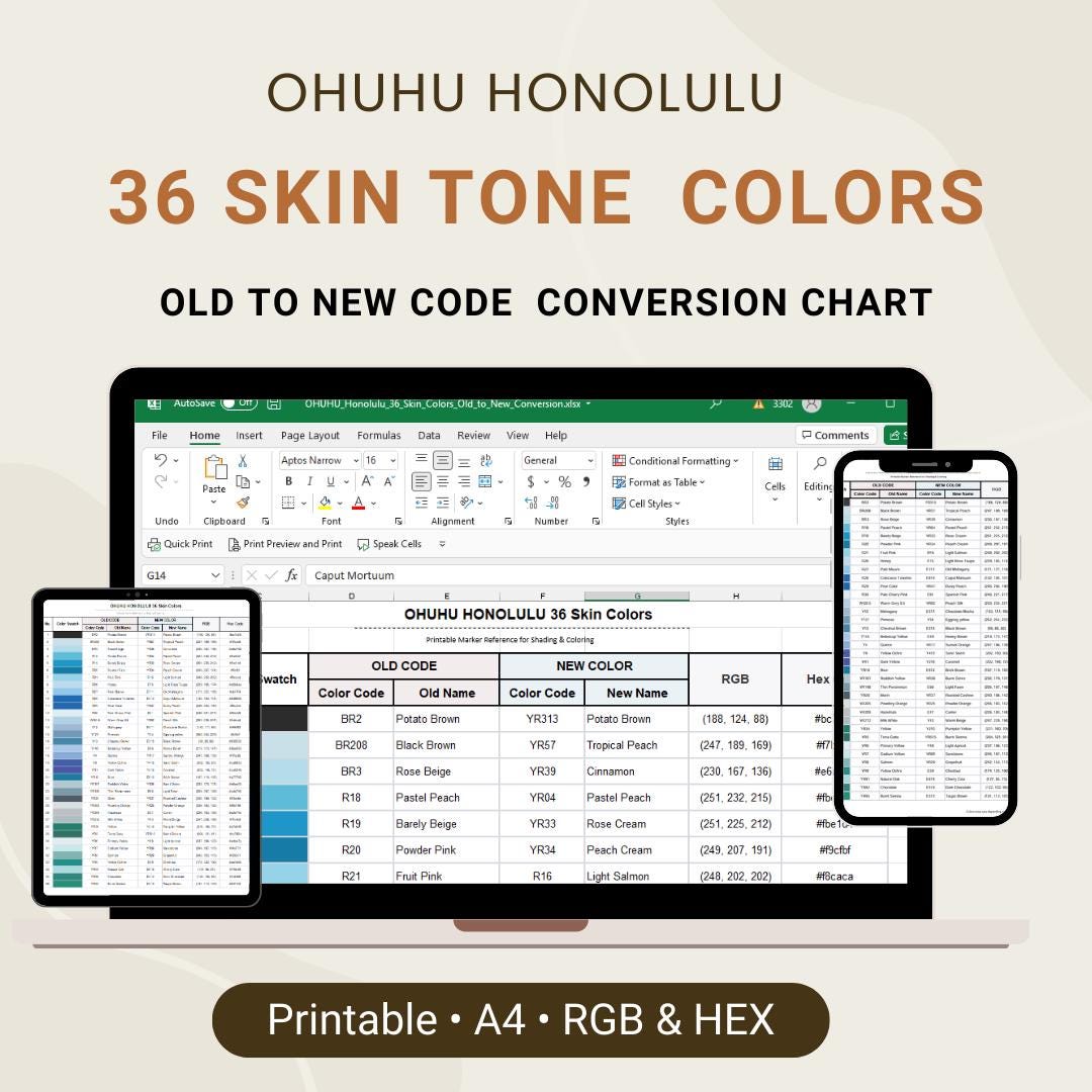 Ohuhu 36 Skin Tone Conversion Chart Printable PDF + Excel | Old to New ...