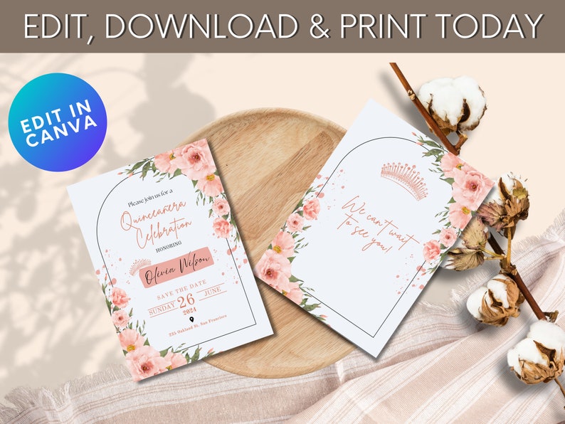 Peach Quinceañera Invitation, EDITABLE Peach Rose Party Invite, Mis ...
