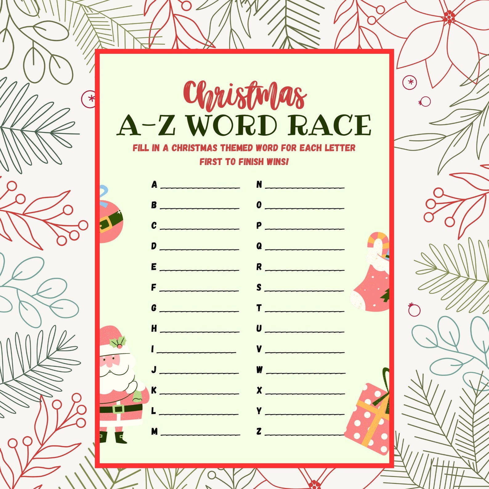 Christmas A-Z Word Race Game Printable Christmas Games - Etsy
