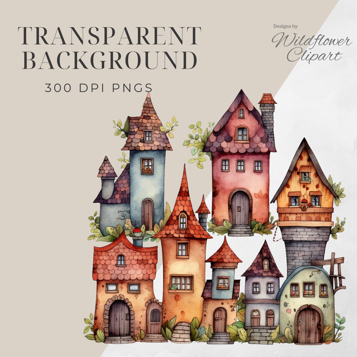 100 Fairy & Gnome Watercolor Clipart Houses Homes Pngs - Etsy